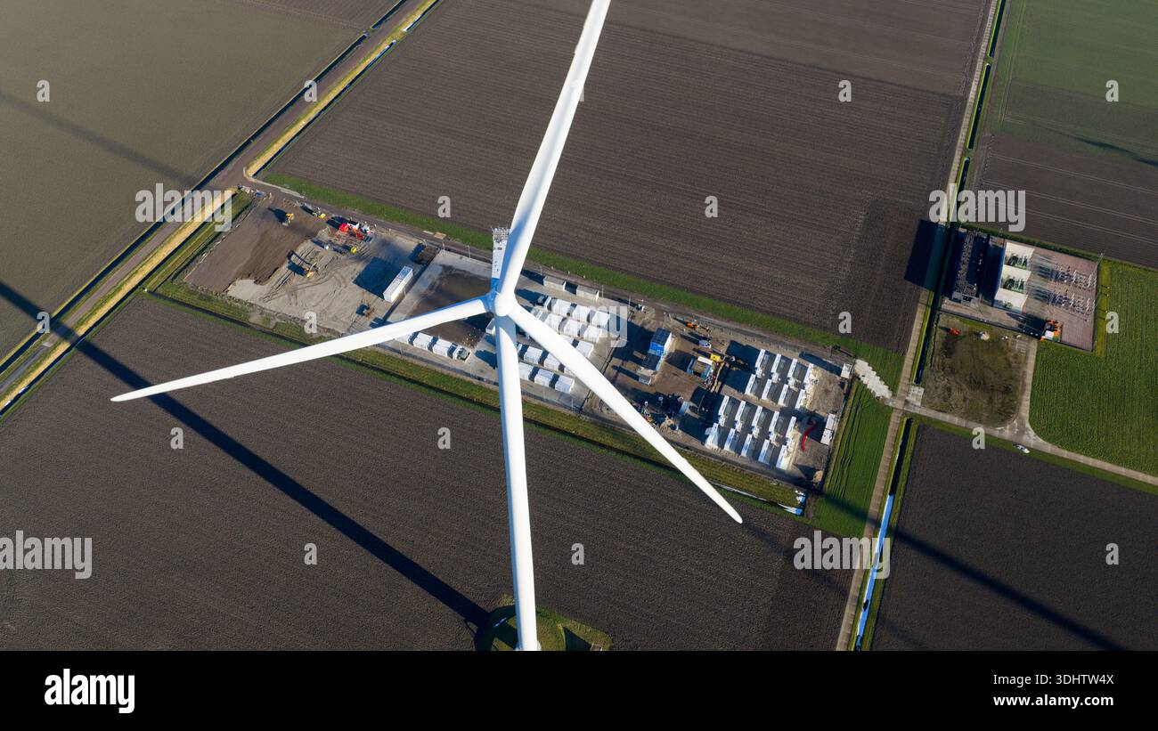 Dronter, Netherlands - 14 January 2026: Aerial view of a solitary wind ...