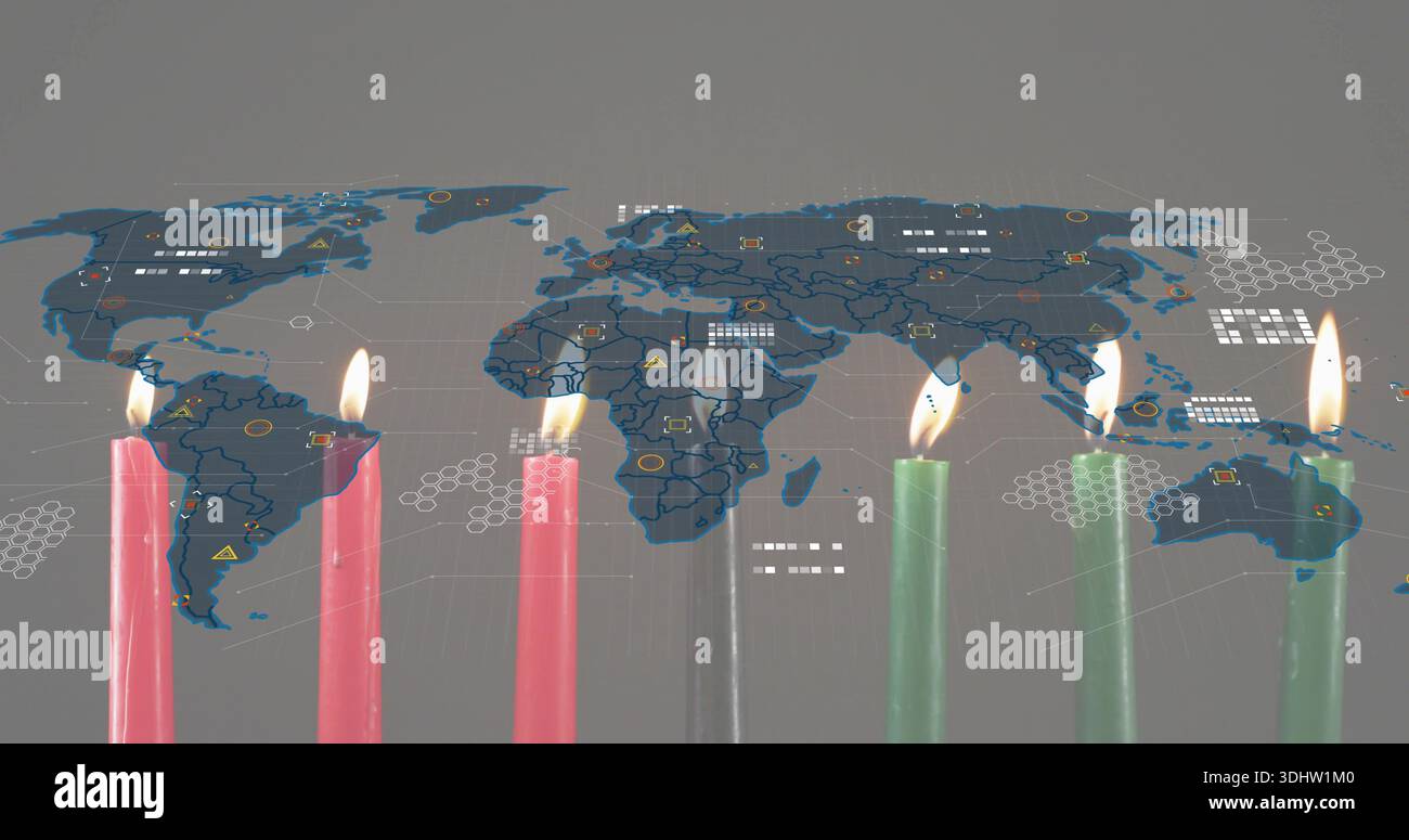 Showing five wax candles flickering on studio tabletop before projected ...