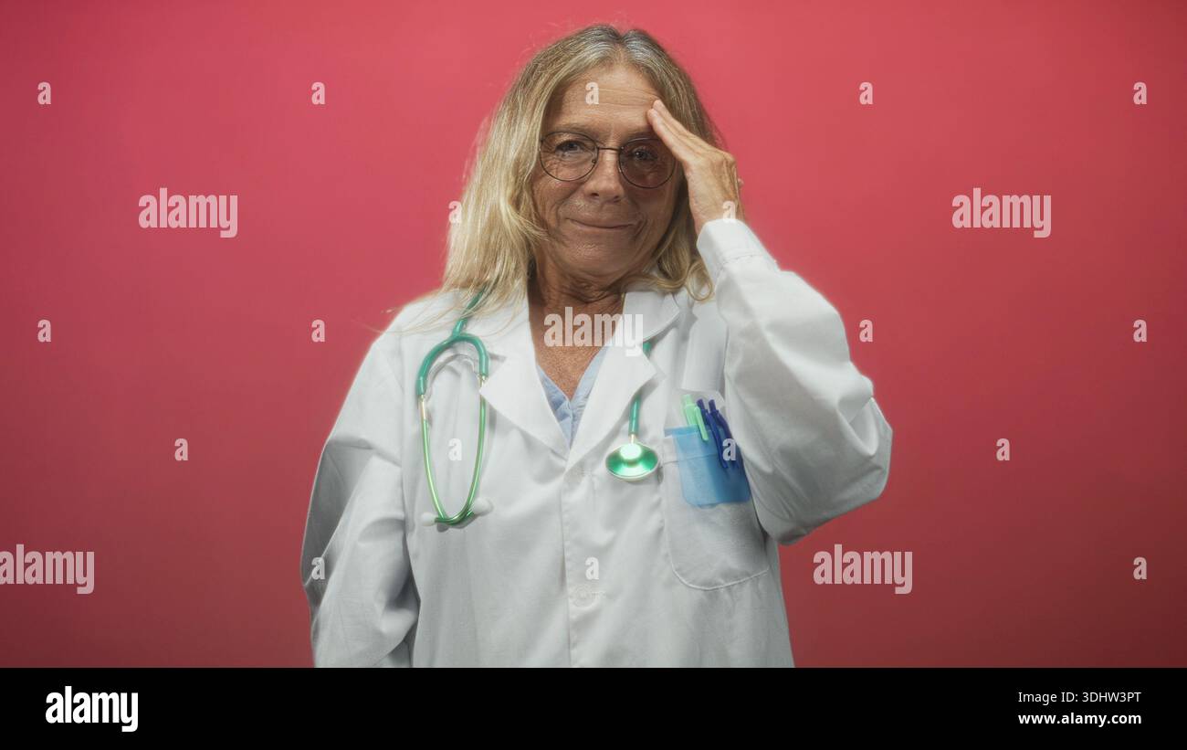 Woman wearing glasses touches temple hi-res stock photography and ...