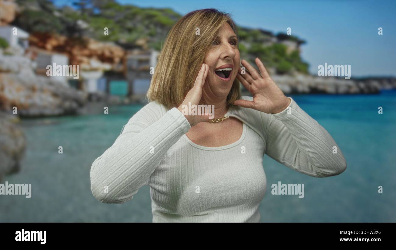 Woman raises hands opens mouth hi-res stock photography and images - Alamy