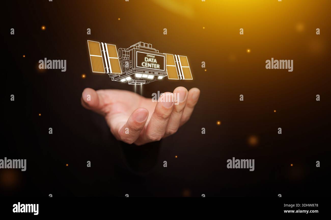 Orbital data center satellite in space floating above hand and powered ...