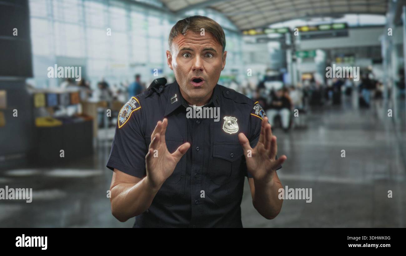 Police officer man wearing uniform and badge with open hands pleading ...