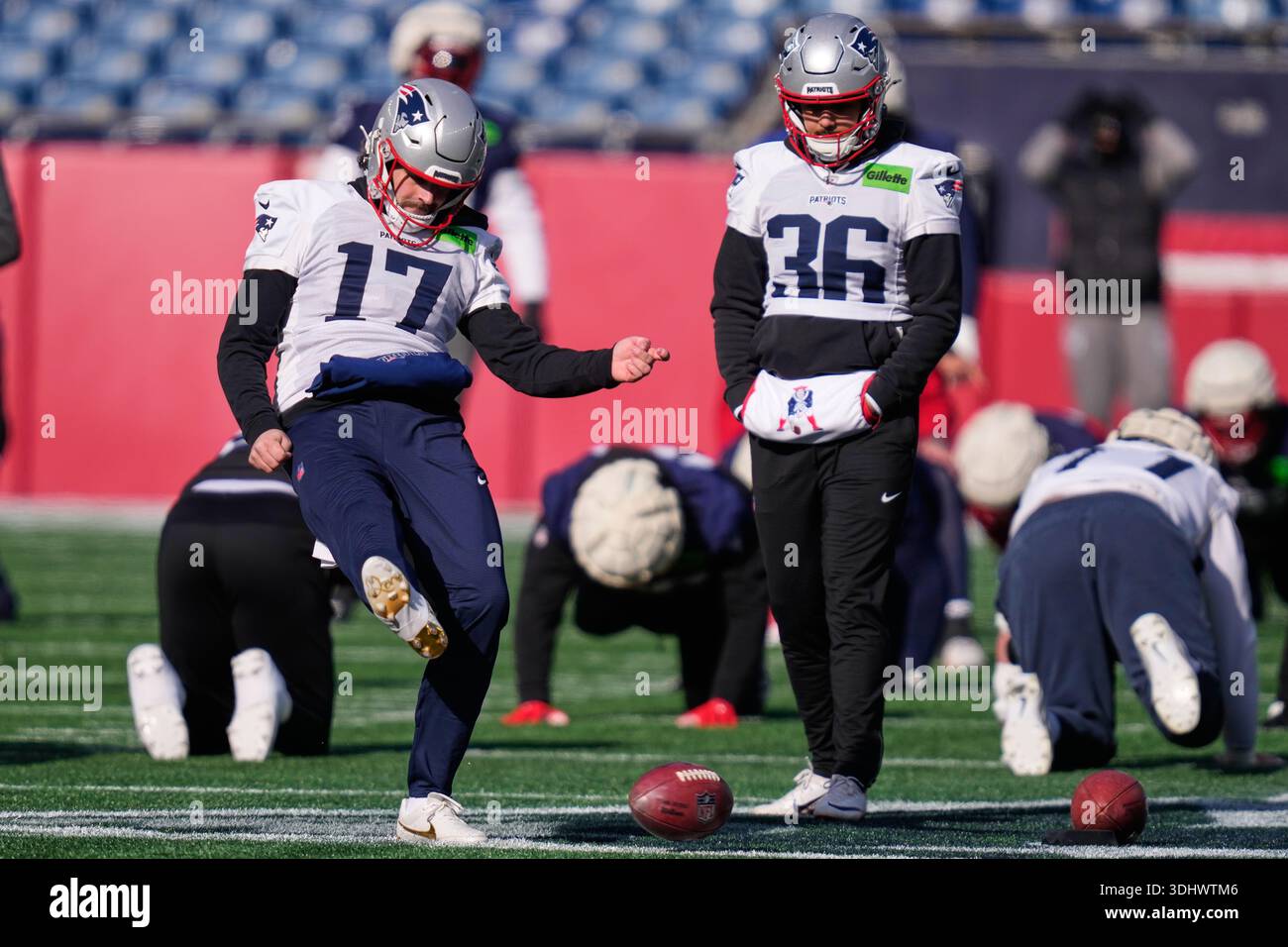 New England Patriots punter Bryce Baringer (17) practices on-sides ...