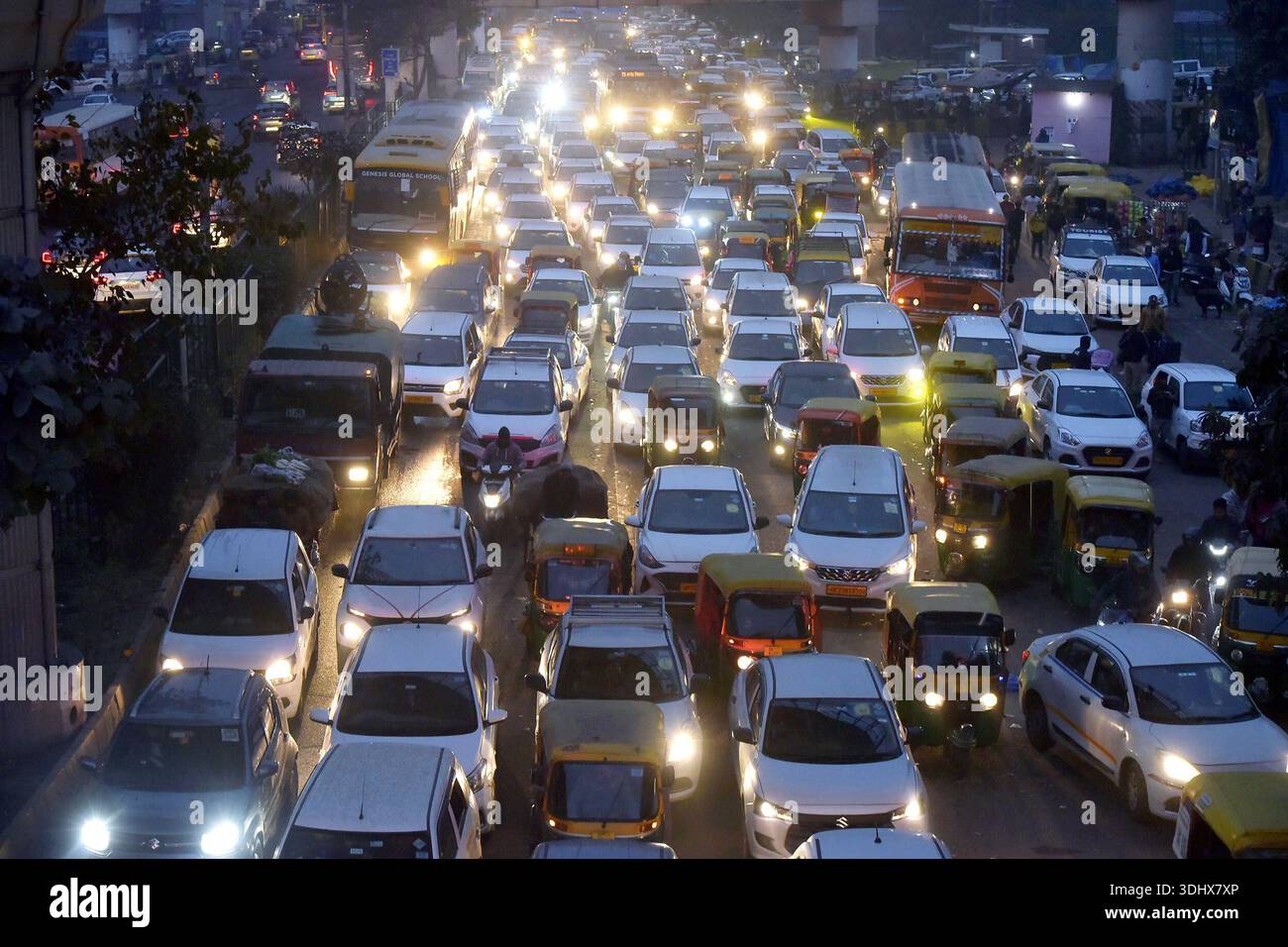 NEW DELHI, INDIA - JANUARY 23: Heavy traffic jam seen near Anand Vihar ...