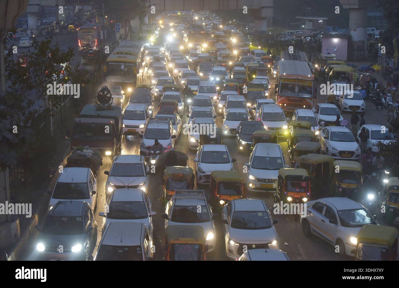 NEW DELHI, INDIA - JANUARY 23: Heavy traffic jam seen near Anand Vihar ...