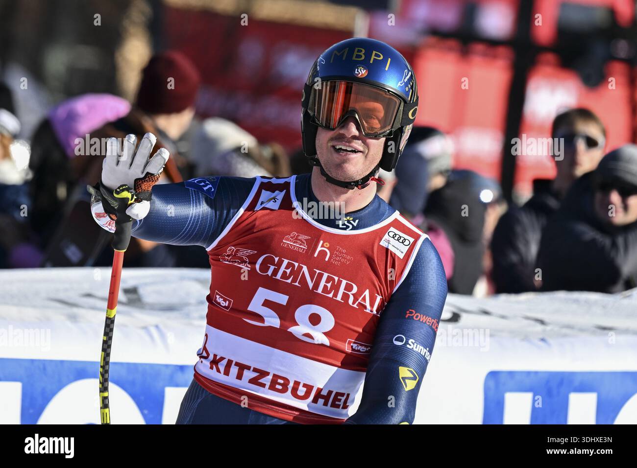 KITZBUEHEL, AUSTRIA - JANUARY 23: Marco Pfiffner of Lichtenstein reacts ...
