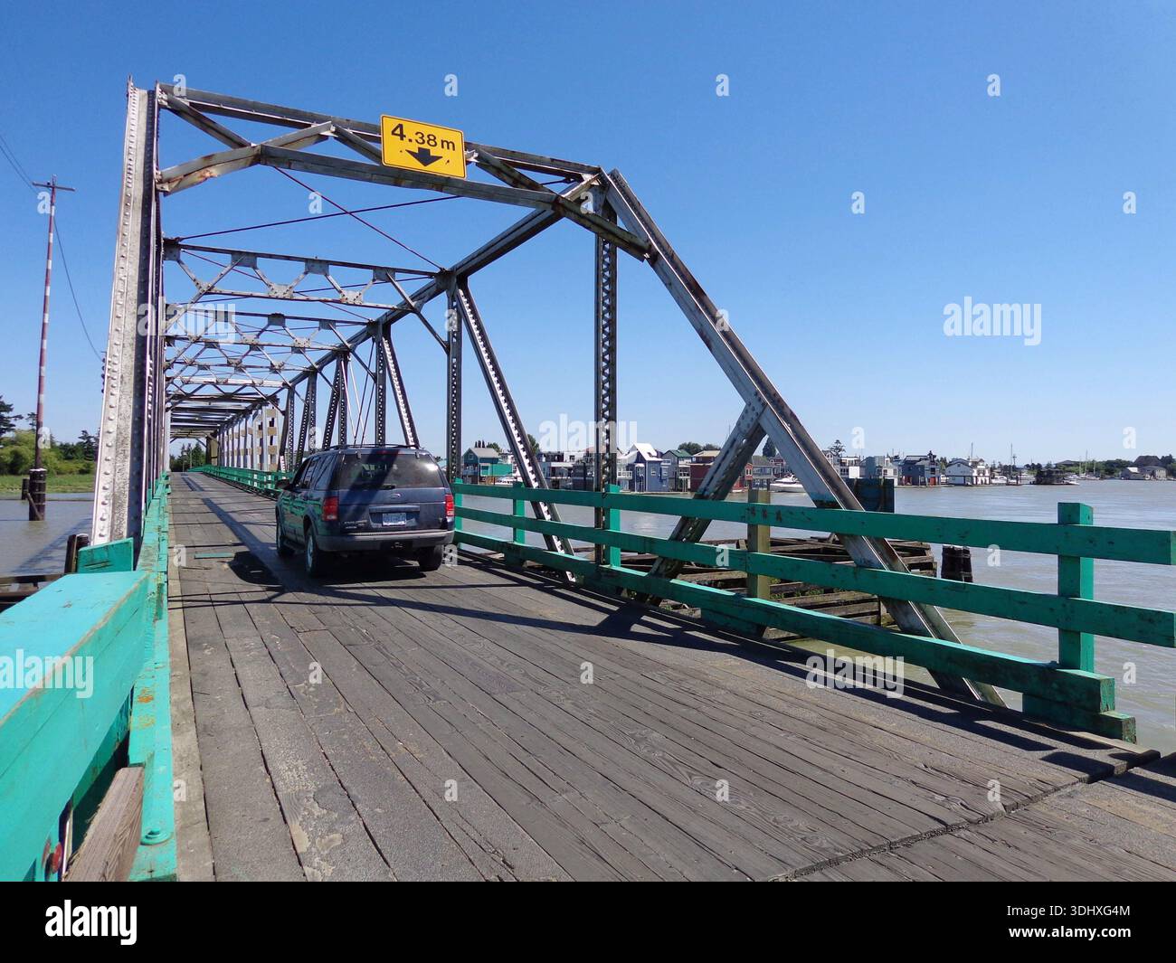 Wood-deck bridge in Westham Island, B.C., south of Vancouver leads ...