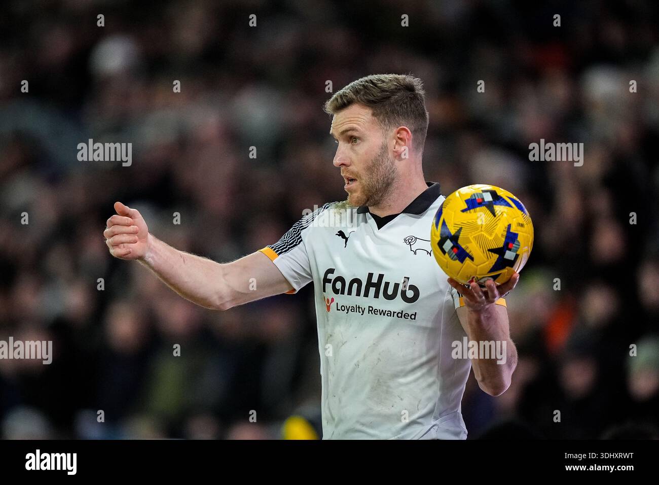 Callum Elder of Derby County prepares to take a throw-in during the Sky ...