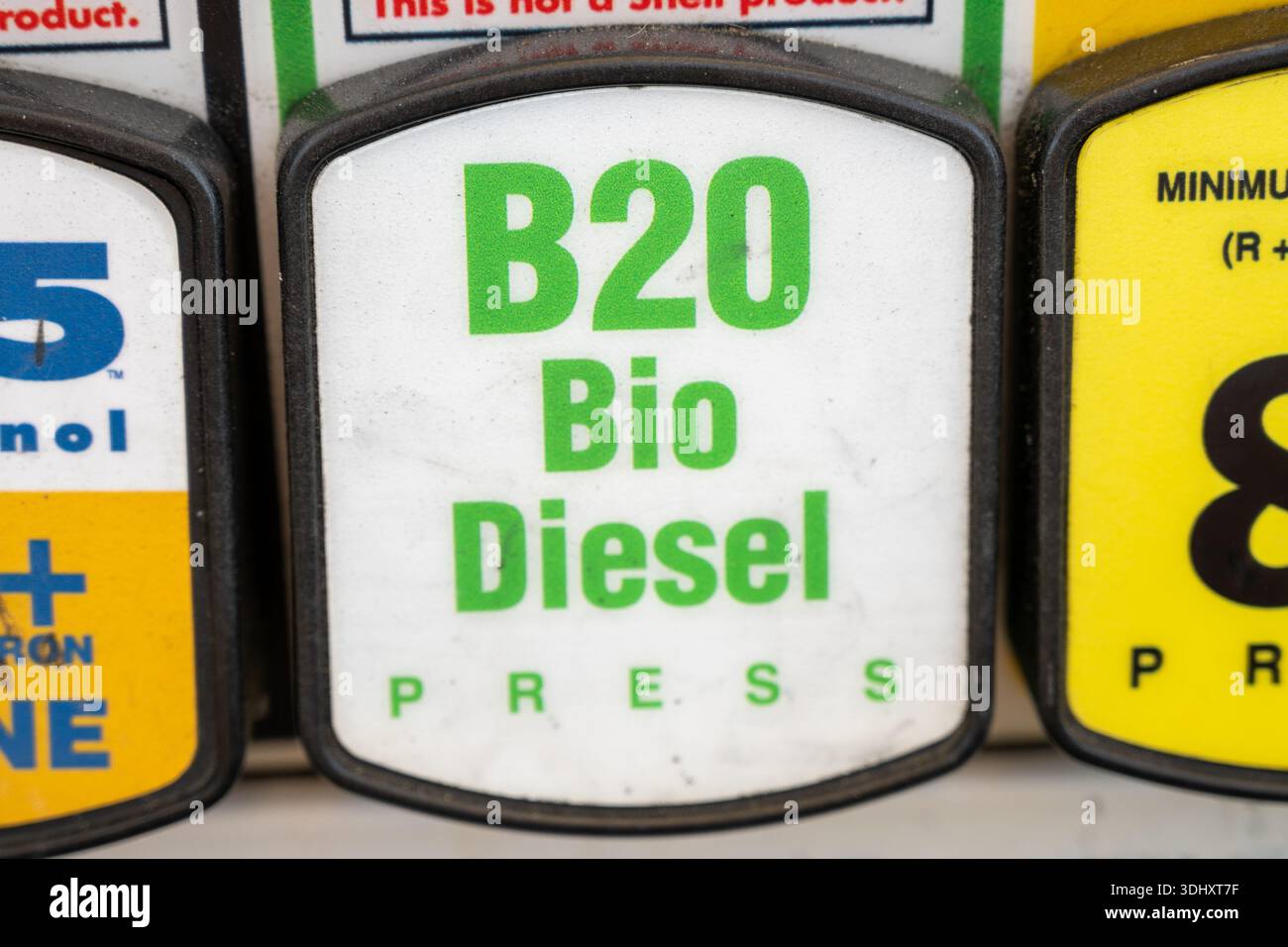 Close-up of fuel pump selector for B20 Bio Diesel at a gas station in ...