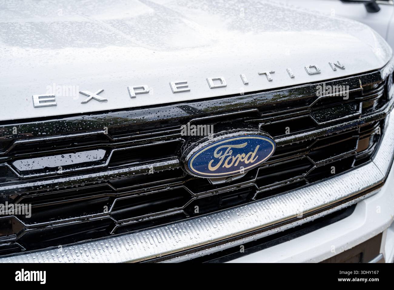 Close-up of the front grille of a vehicle with Ford Expedition logo ...