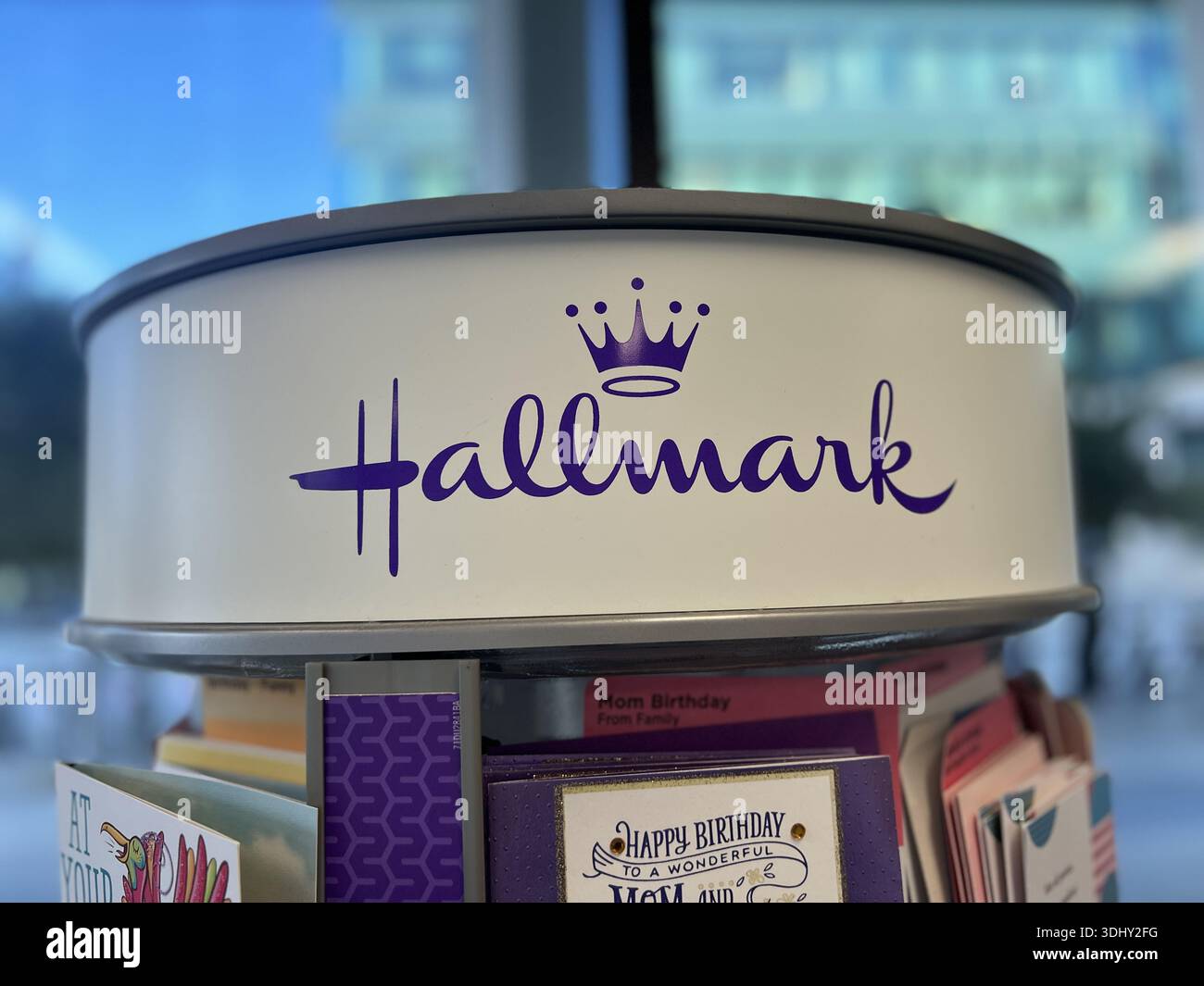 Close-up of Hallmark logo on top of greetings card display, San ...