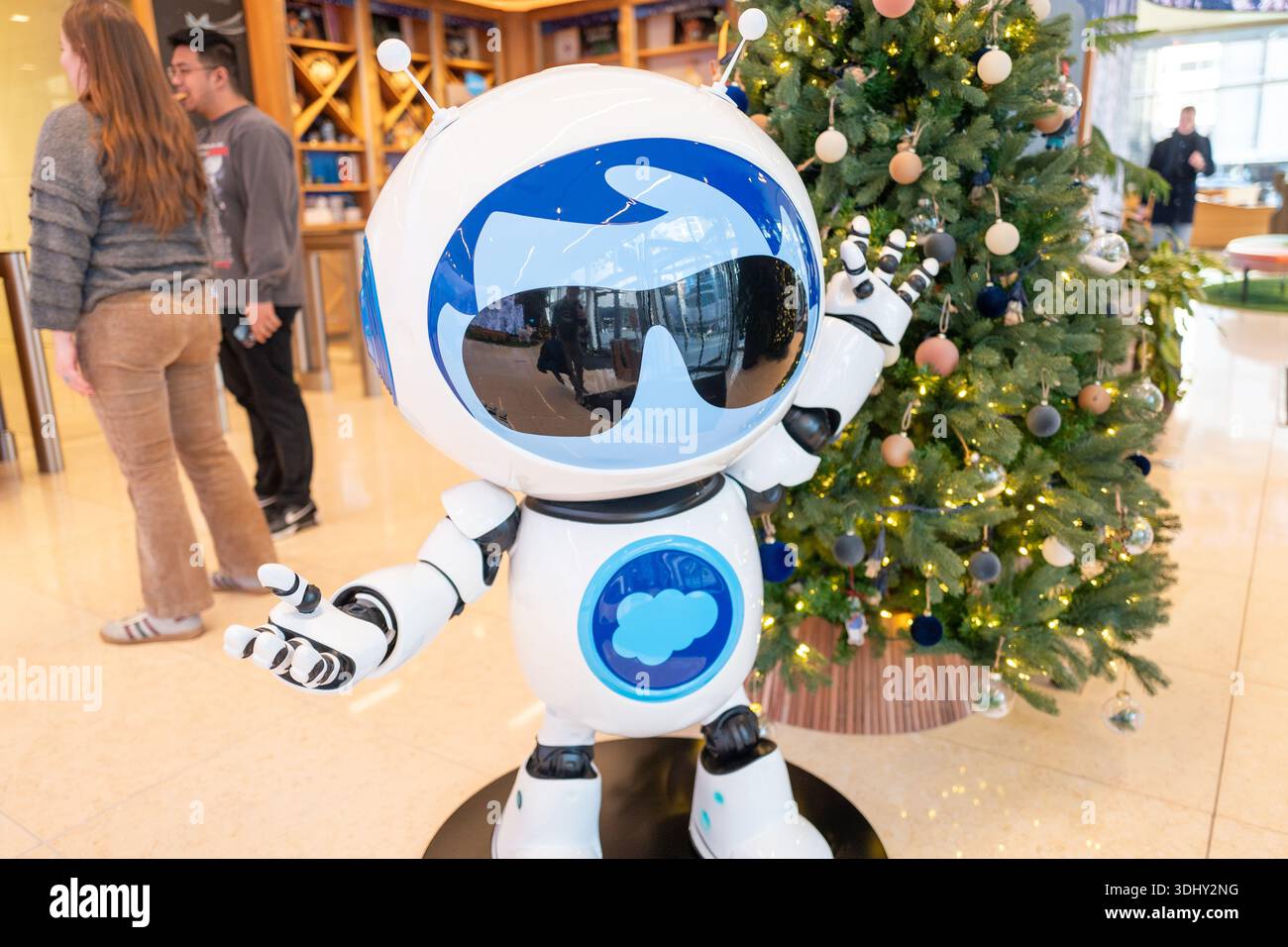 Robot mascot with Salesforce logo in the lobby of Salesforce Tower, San ...