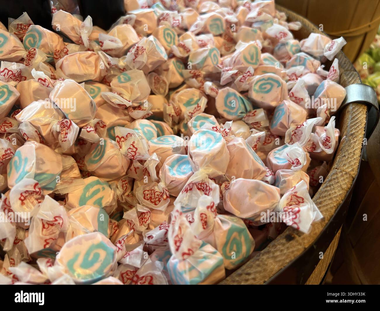 Close-up of large bin of salt water taffy, Newport Beach, California ...