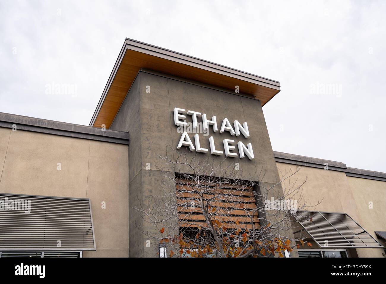 Facade with logo sign at Ethan Allen store in Dublin, California ...