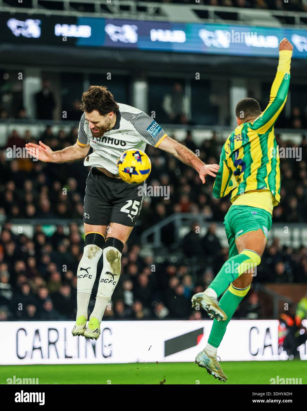 25, Ben Brereton Diaz of Derby County heads it at goal during the Sky ...