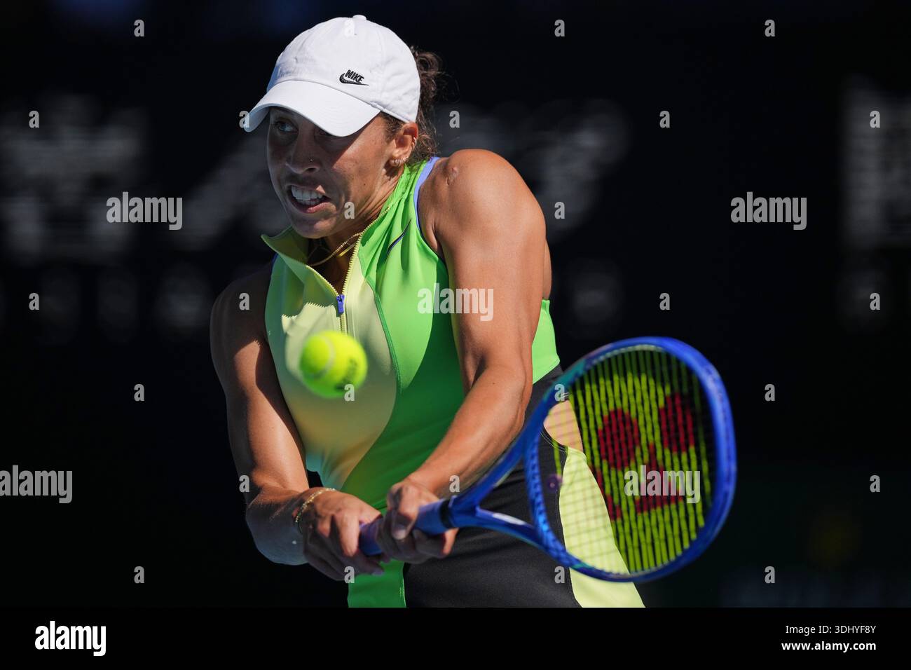 Madison Keys of the U.S. plays a backhand return to Karolina Pliskova ...