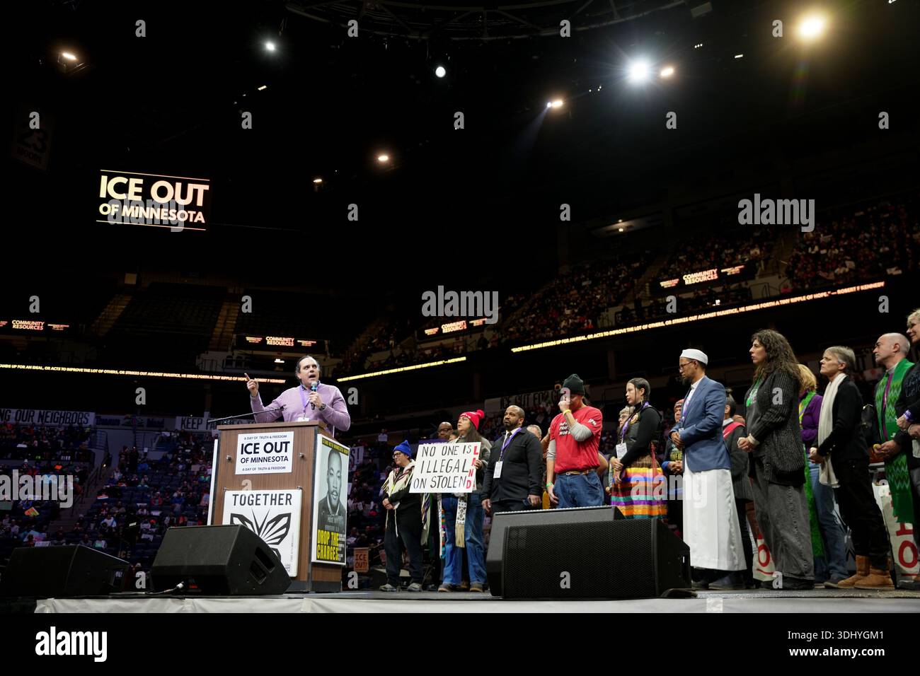 Nick Estes speaks during a rally at Target Center against federal ...