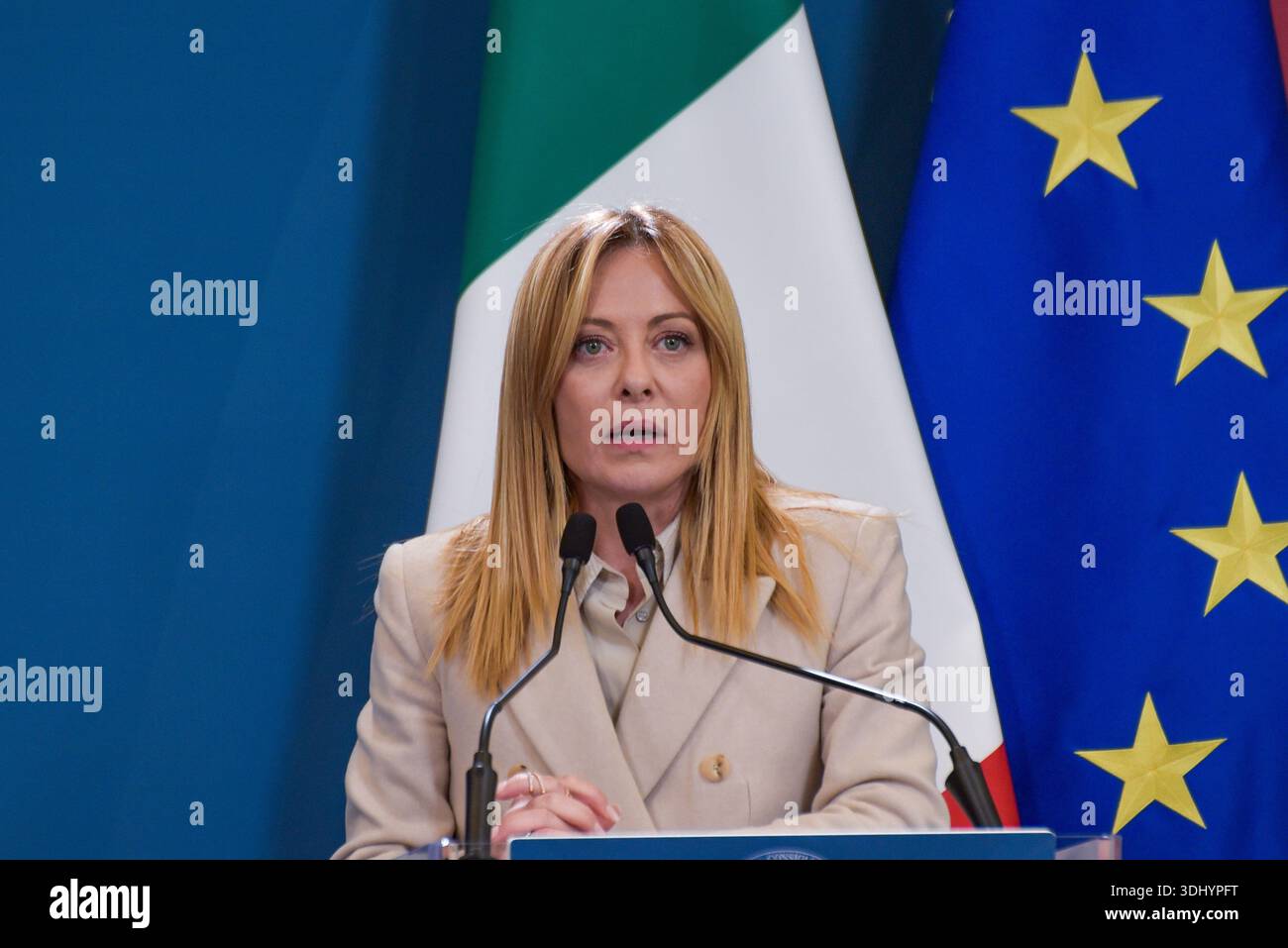 Italian Prime Minister Giorgia Meloni attends a press conference during ...