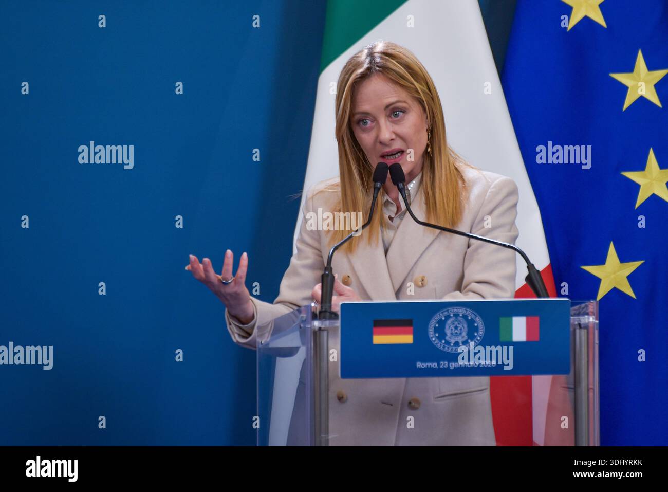 Italian Prime Minister Giorgia Meloni attends a press conference during ...