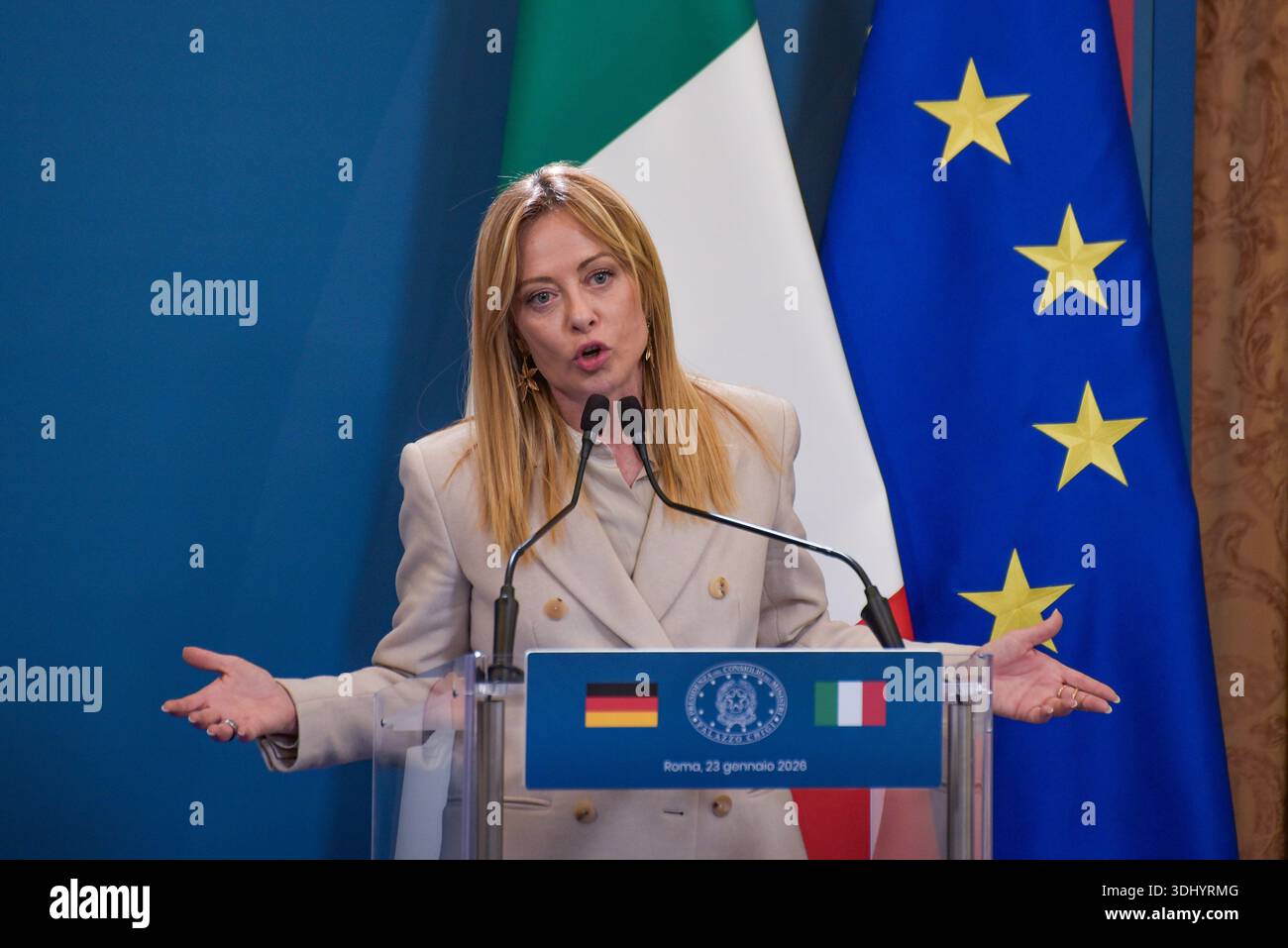 Italian Prime Minister Giorgia Meloni attends a press conference during ...