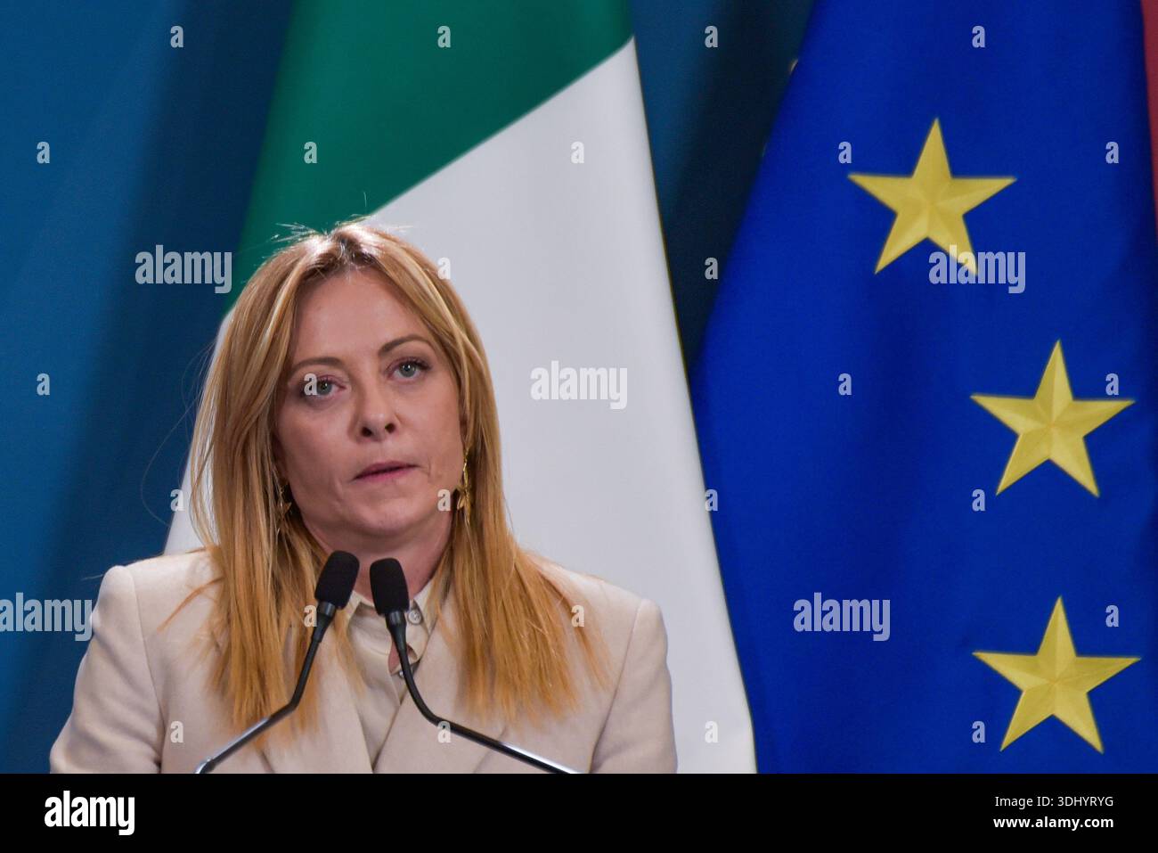 Italian Prime Minister Giorgia Meloni attends a press conference during ...