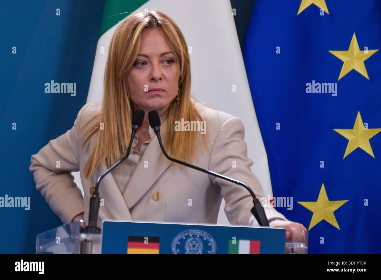 Italian Prime Minister Giorgia Meloni attends a press conference during ...