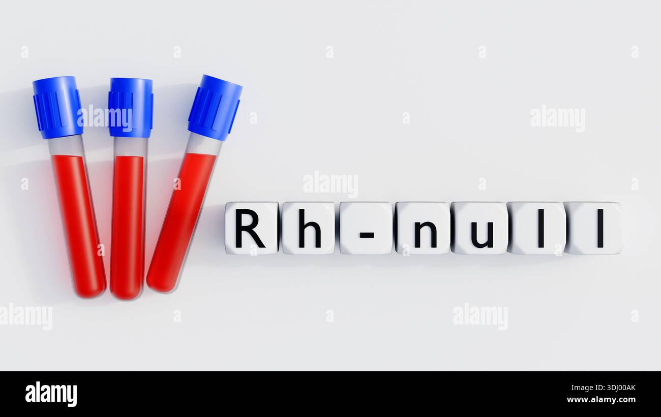 3D render of "Rh-null" on blocks with red blood cells and capped test ...