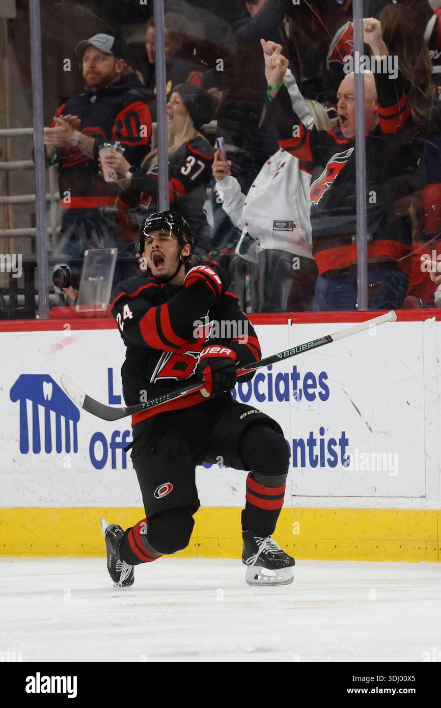 Carolina Hurricanes' Seth Jarvis (24) celebrates his goal against the ...