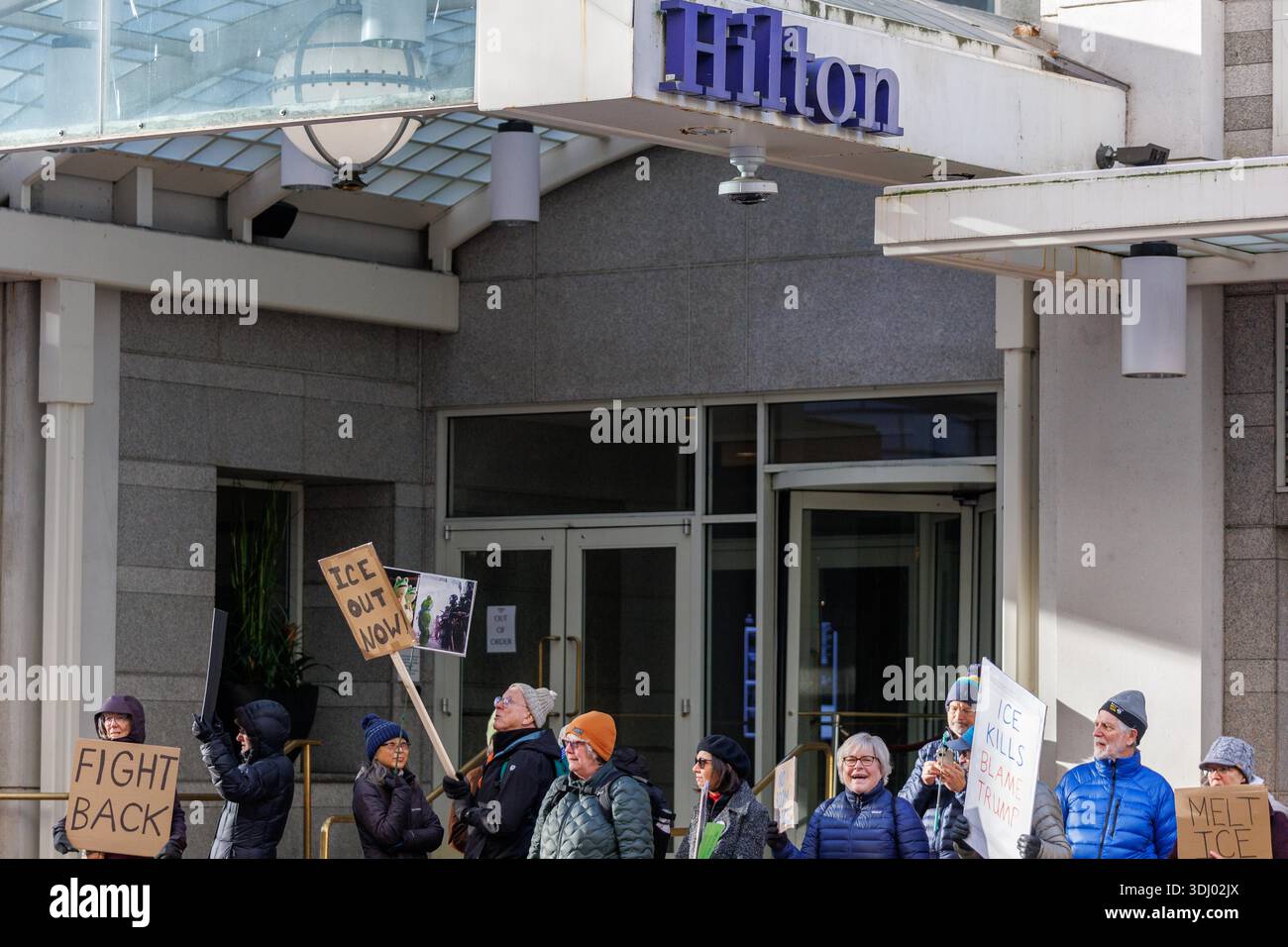 PORTLAND, OREGON USA - January 23, 2026 -- About 100 people protested ...