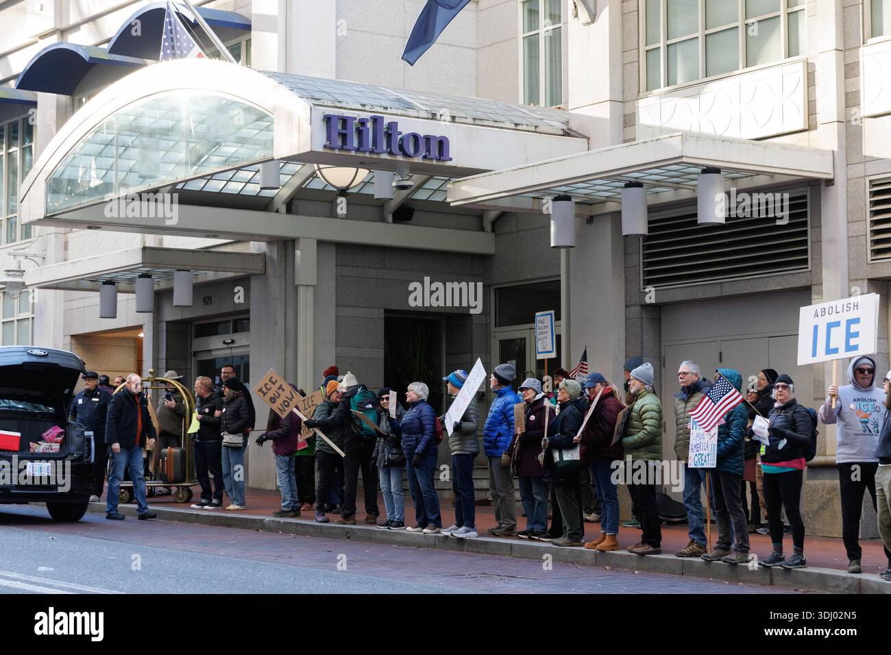 PORTLAND, OREGON USA - January 23, 2026 -- About 100 people protested ...