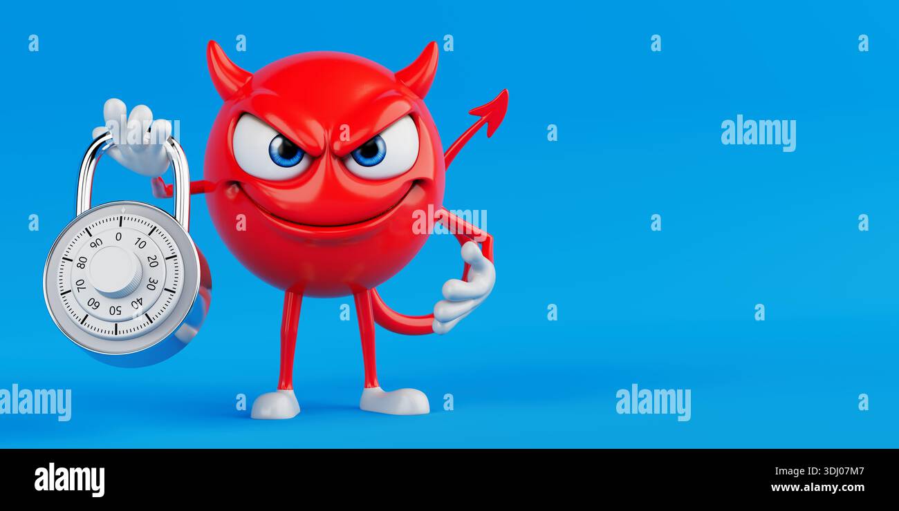 Security And Temptation Concept. Red Devil Cartoon Character Holding ...