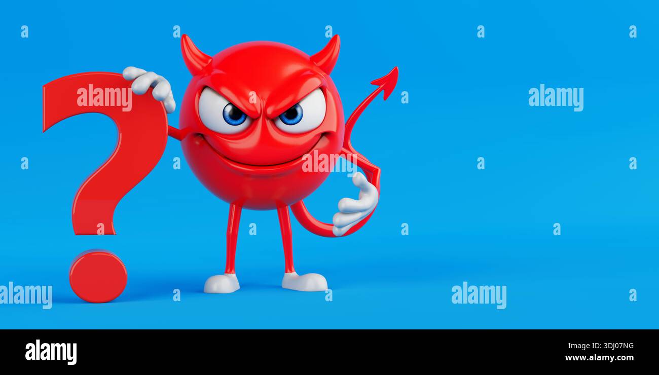 Question And Uncertainty Concept. Red Evil Cartoon Character Holding ...