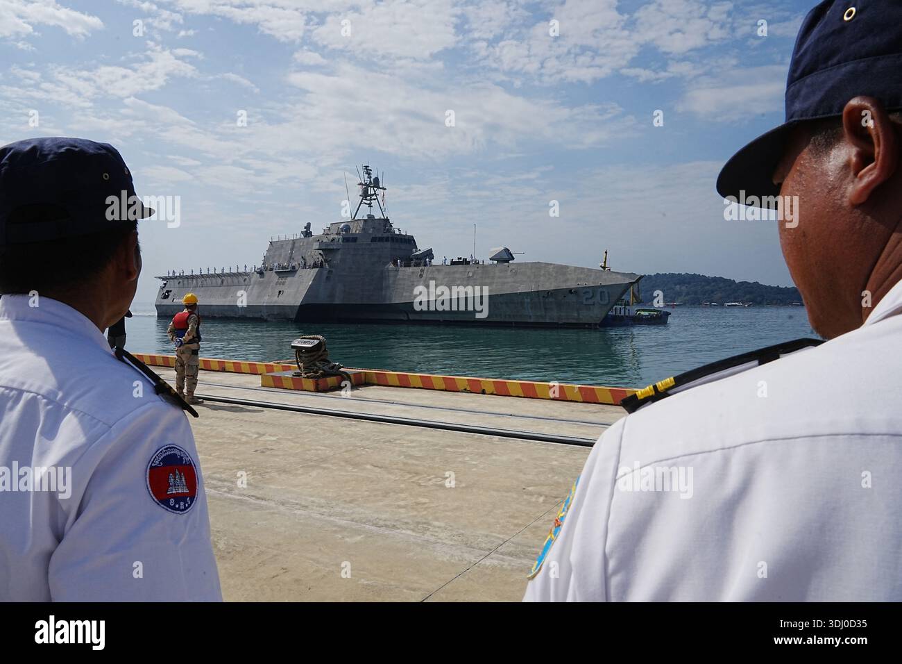 Cambodian naval members welcome U.S. warship USS Cincinnati, getting ...