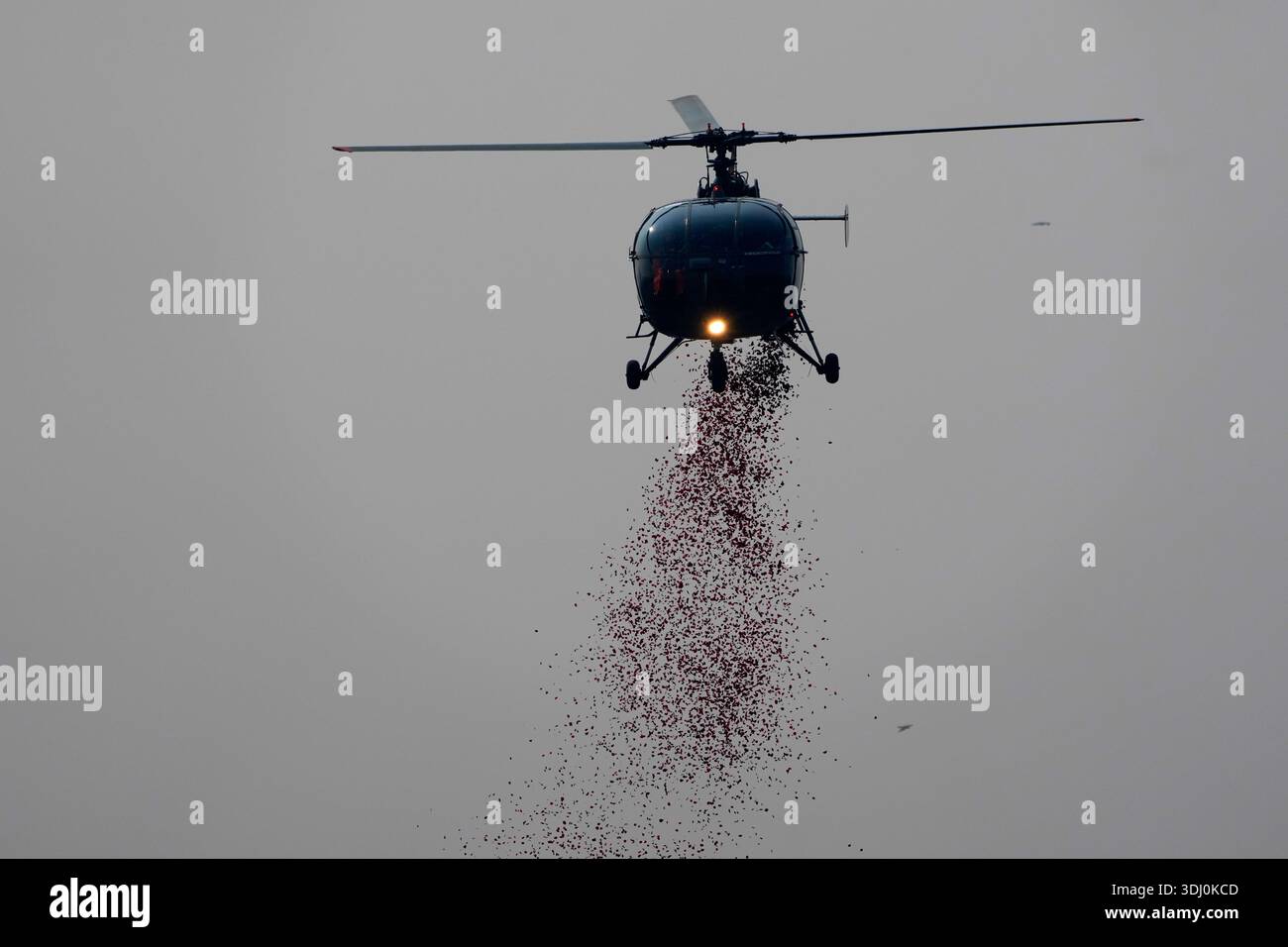 An Indian army helicopter showers flower petals above the saluting base ...