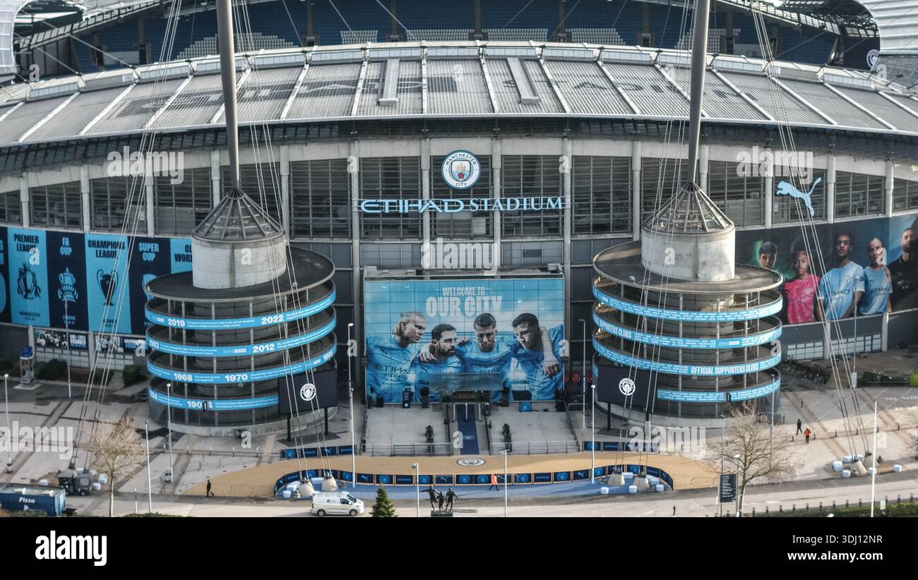 An aerial view of Etihad Stadium during the Premier League match ...