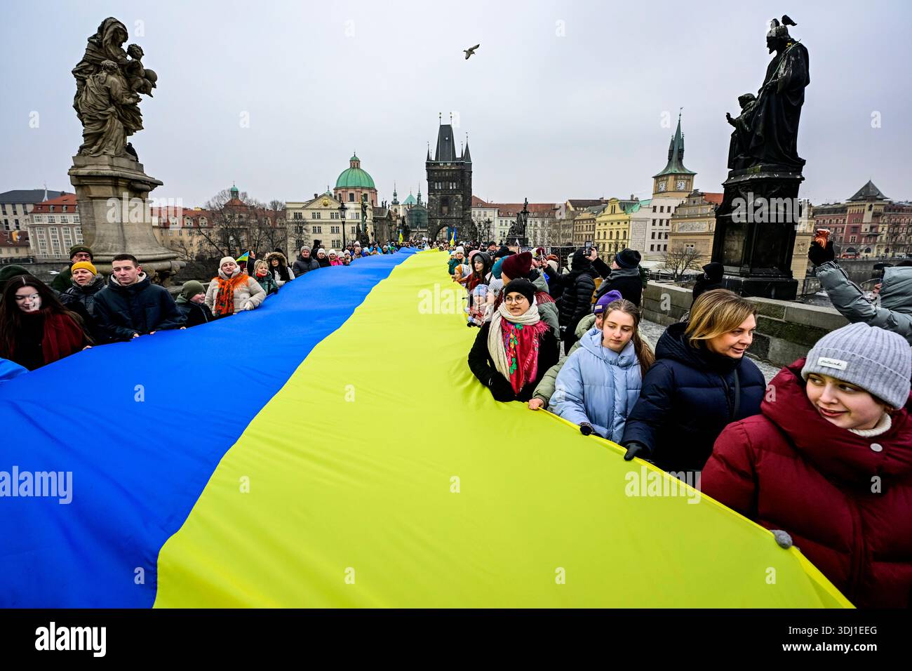 Prague Charles Bridge, Prague. 24th Jan, 2026. Chain of Unity event on ...