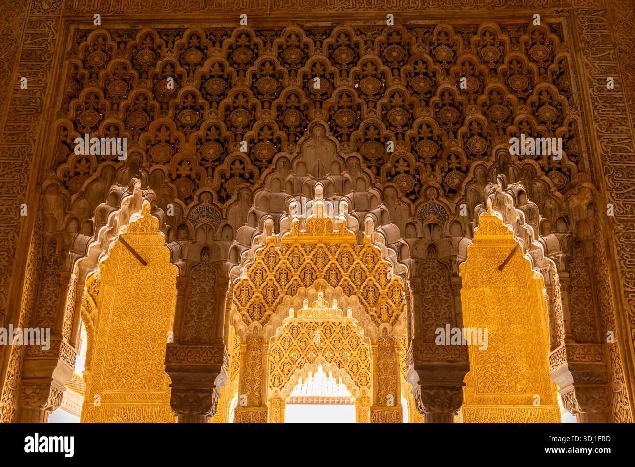 Ornate muqarnas and detailed arabesque carvings adorning an arch inside ...