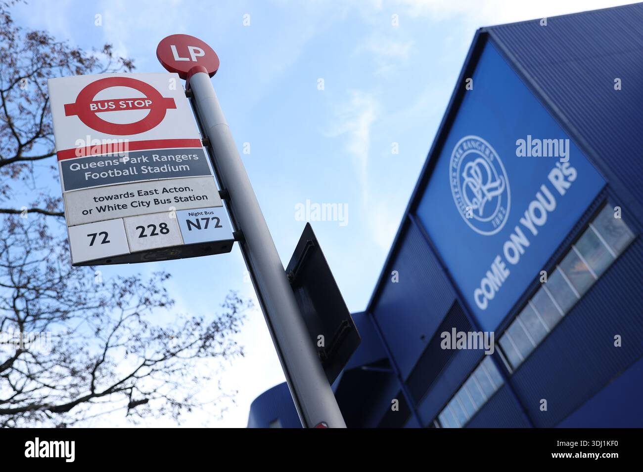 Bus stop outside Loftus Road Stadium before the Sky Bet Championship ...