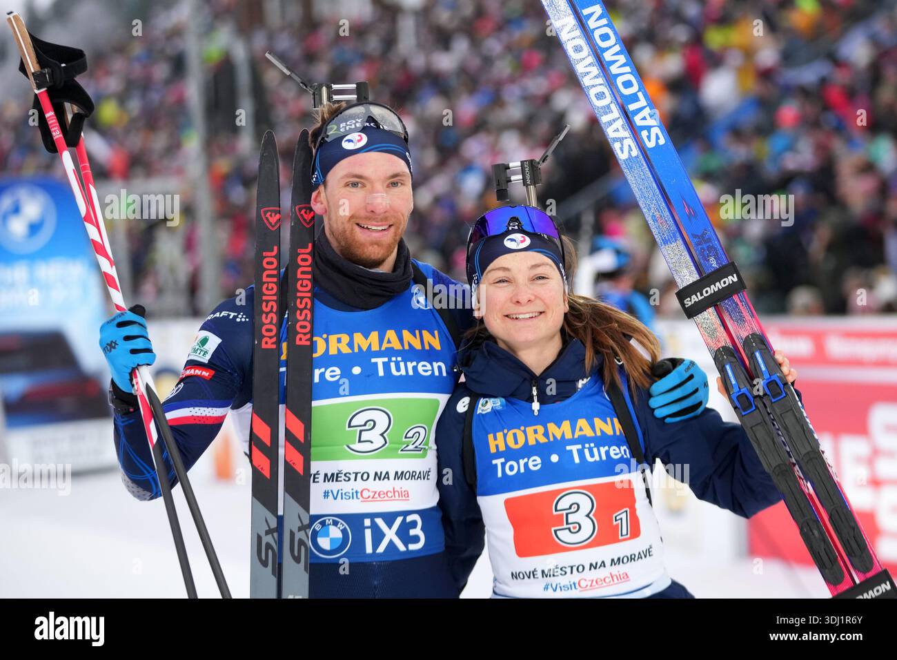 Emilien Claude and Jeanne Richard, of France, pose after finishing ...