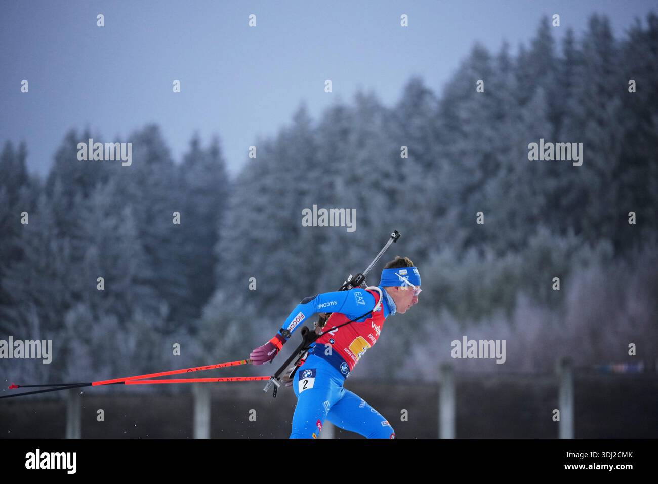 Lukas Hofer, of Italy, competes in the 4X6 km mixed relay race at the ...