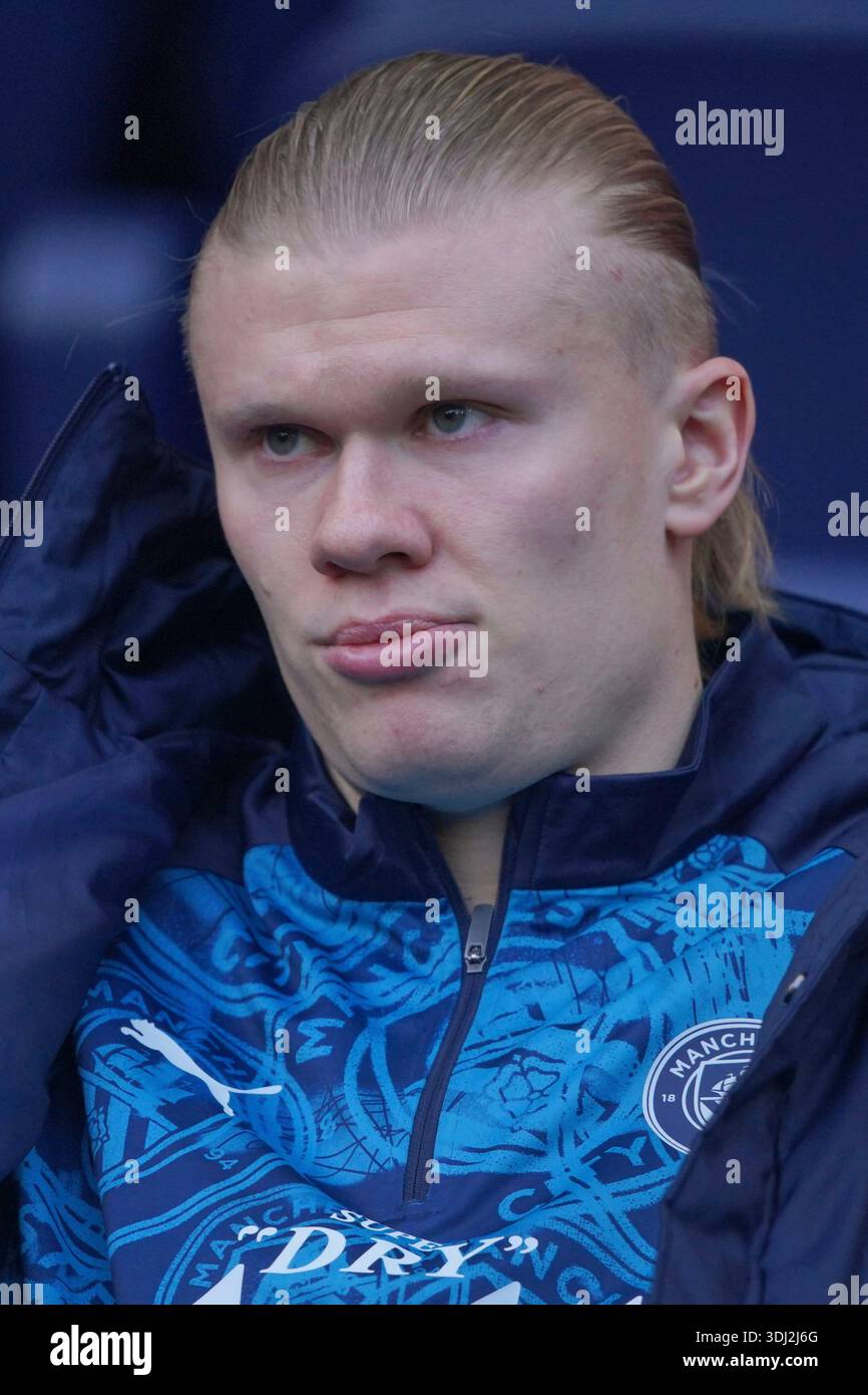 Manchester City's Erling Haaland sits in the substitutes benches during ...