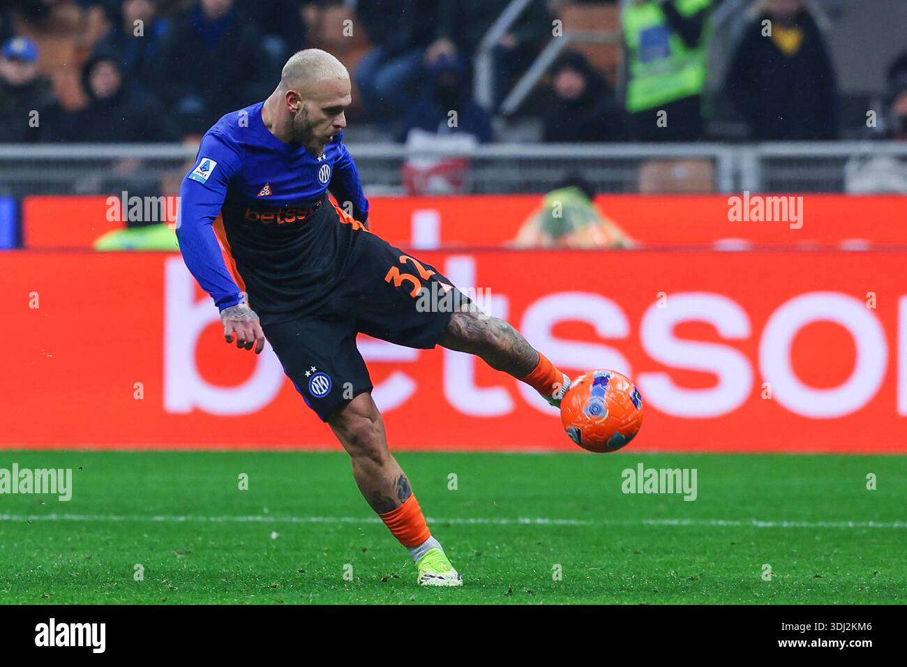 Federico Dimarco of FC Internazionale scores a goal during Serie A 2025 ...