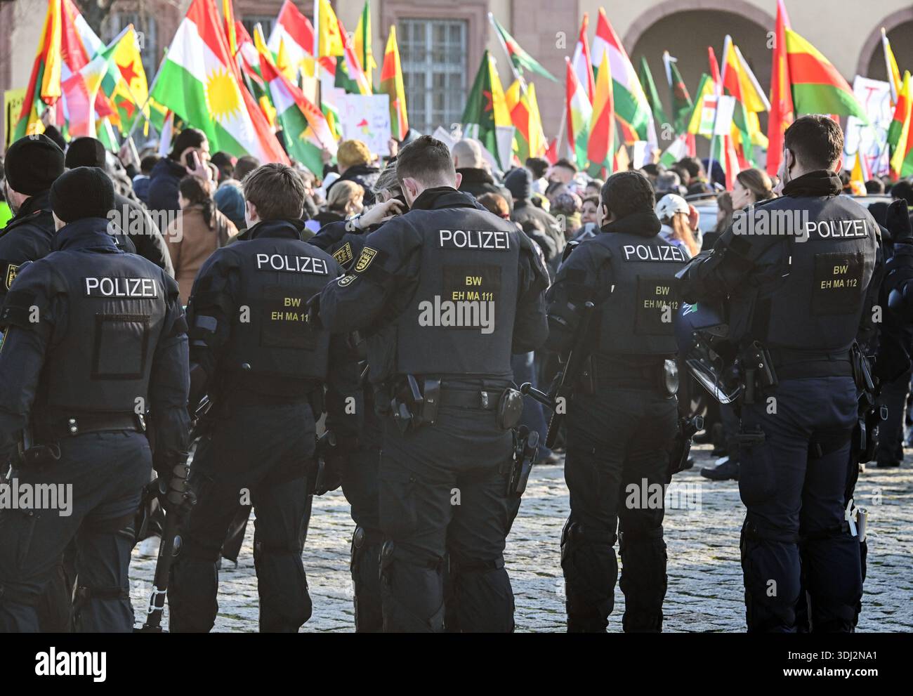 Mannheim, Germany. 24th Jan, 2026. Police forces secure a demonstration ...