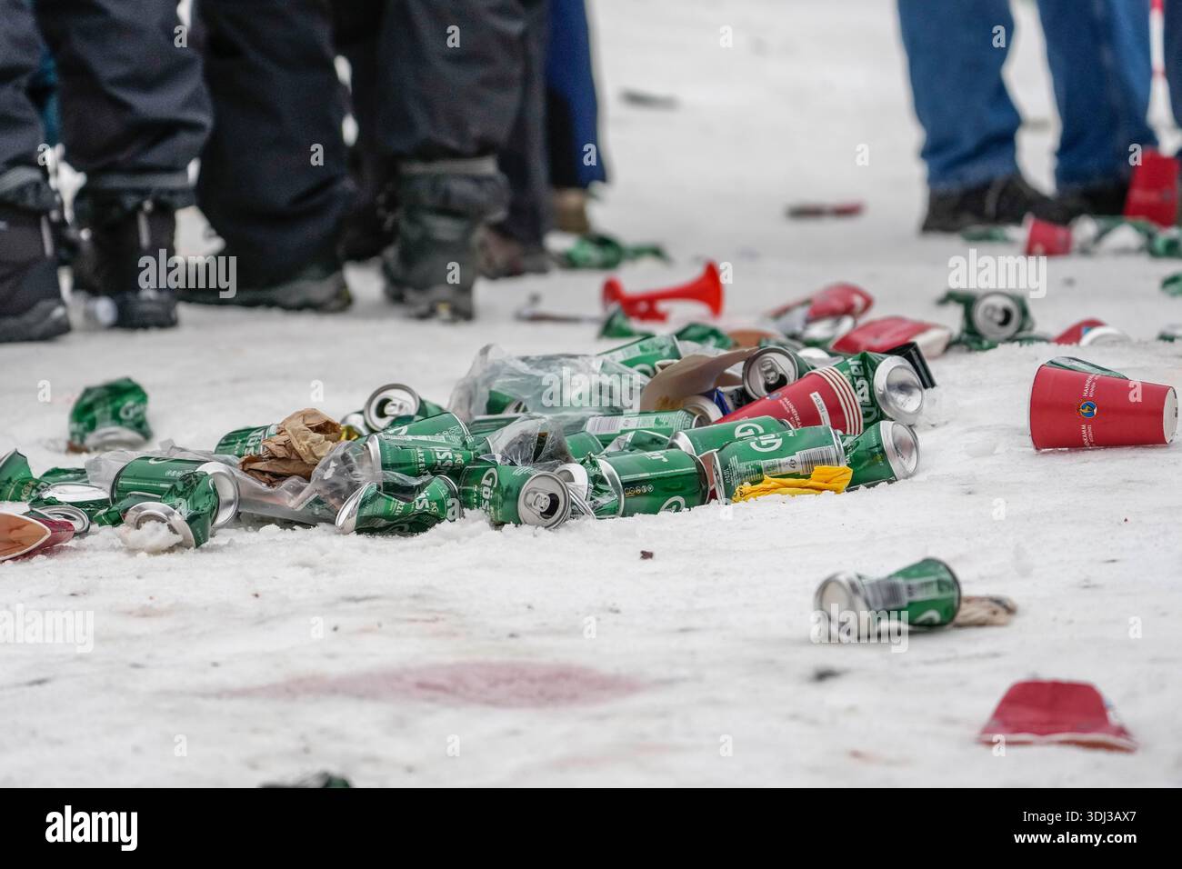 KITZBUEHEL, AUSTRIA - JANUARY 24: Beer cans during the Audi FIS Alpine ...