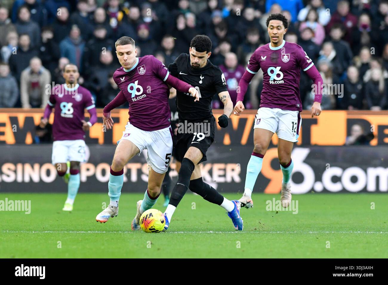 Dominic Solanke of Tottenham Hotspur and Maxime Estève of Burnley ...