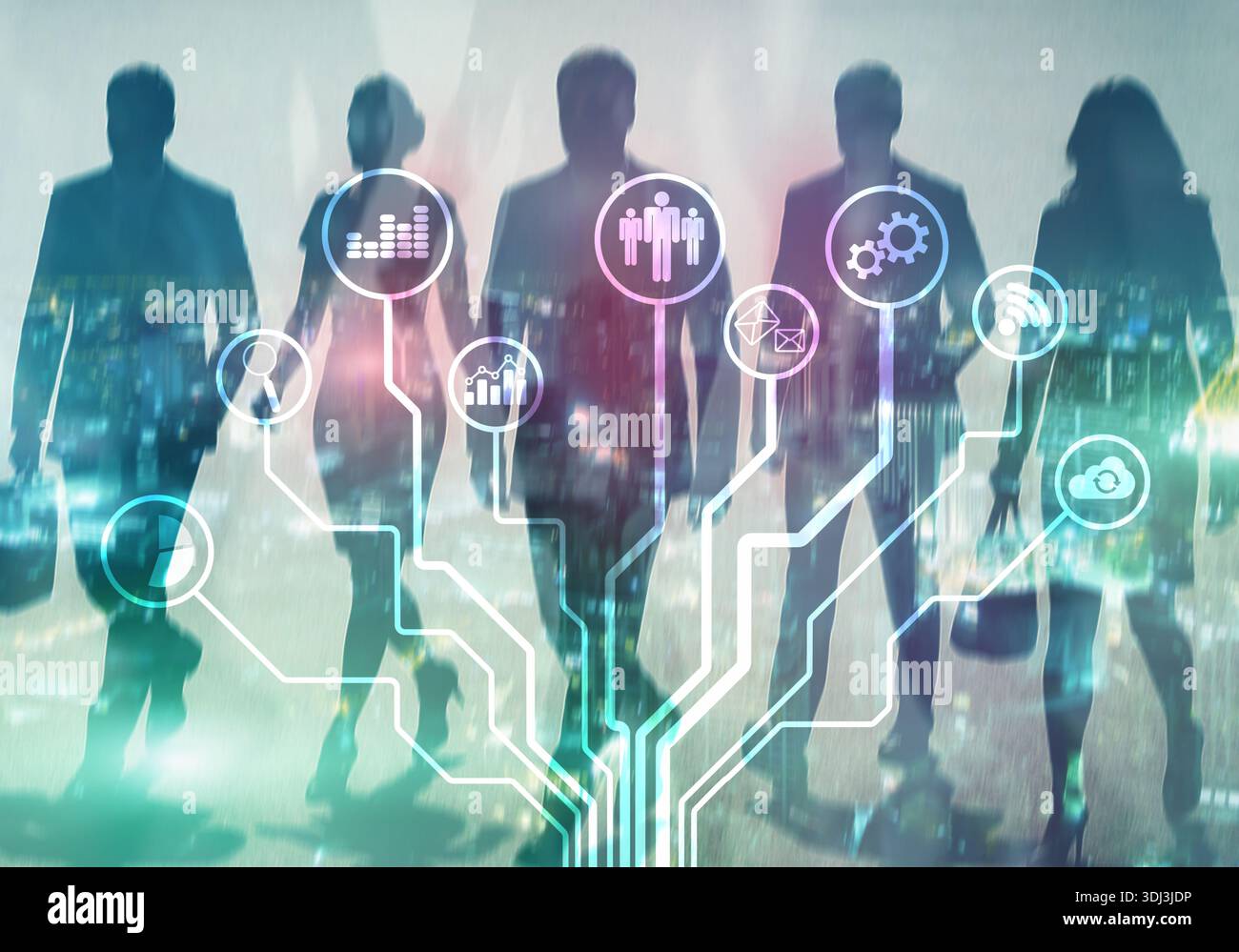 Silhouettes with digital infographic overlay technology data analysis ...
