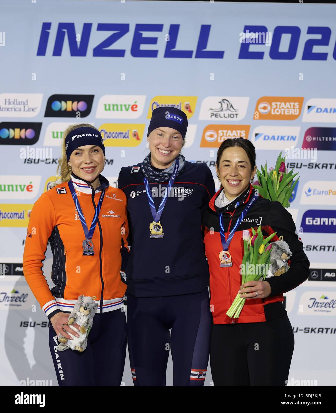 Joy BEUNE of the Netherlands, silver; Ragne WIKLUND of Norway, gold; and Valerie MALTAISM of ...
