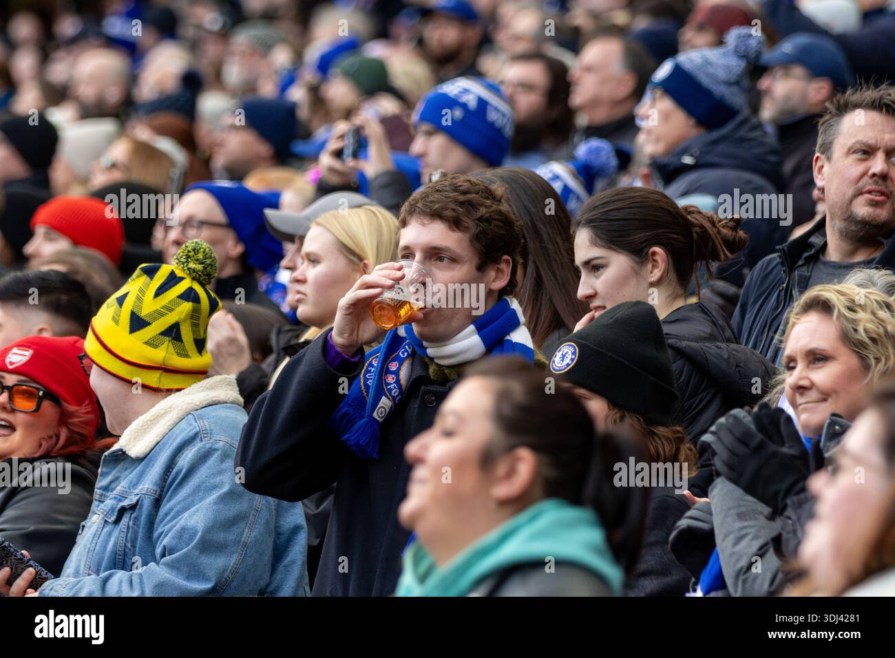 London, UK. 24th Jan 2026. Chelsea fan drinking alcohol in the stands ...