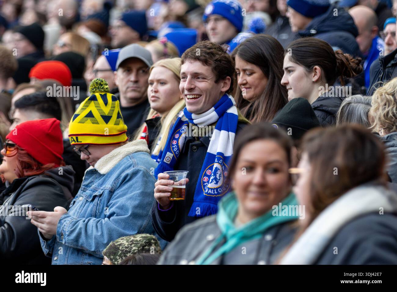 London, UK. 24th Jan 2026. Chelsea fan drinking alcohol in the stands ...