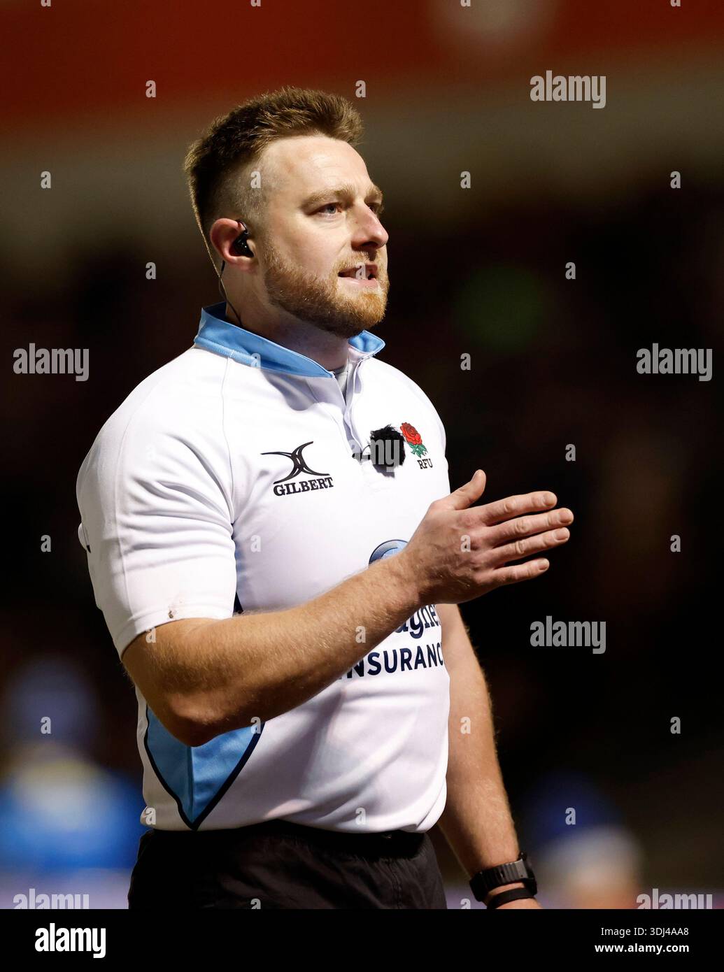 Referee Anthony Woodthorpe checks a decision with the TMO during the ...